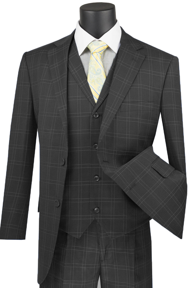 36 Mens Classic Fit Vested Plaid Suit in Black