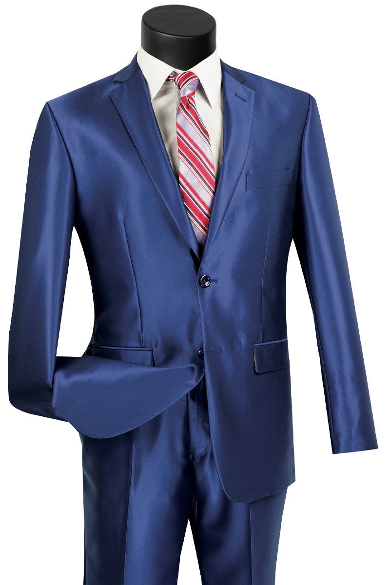 36 Mens 2 Button Slim Fit Shiny Sharkskin Suit in Blue