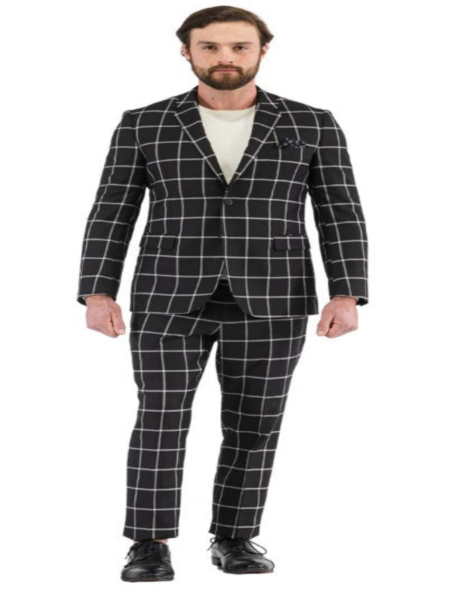 Coat Mens Plaid Suits - Windowpane Pattern With Vest -Business Suit Black