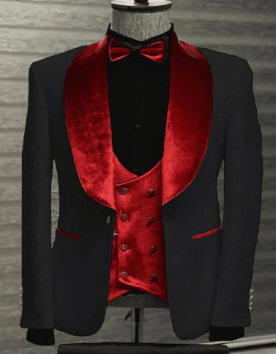 42 Black and Red Velvet Lapel Tuxedo - Red Wedding Slim Fit Tuxedo ...