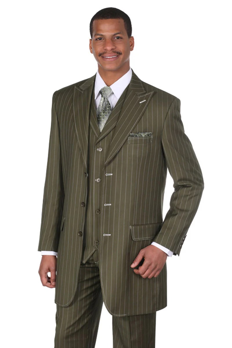 38 Mens 3 Button Vested Wide Peak Lapel 1920's Gangster Pinstripe Suit ...