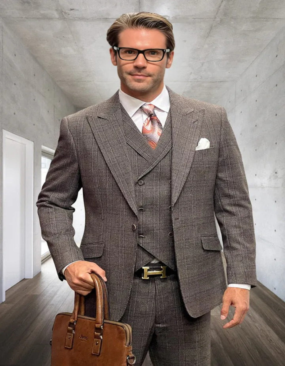 38 Men's Designer Wool Peak Lapel Brown Windowpane Plaid Suit