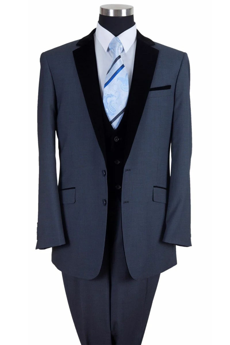38 Mens Vested 2 Button Suit with Black Velvet Collar and Vest in Navy