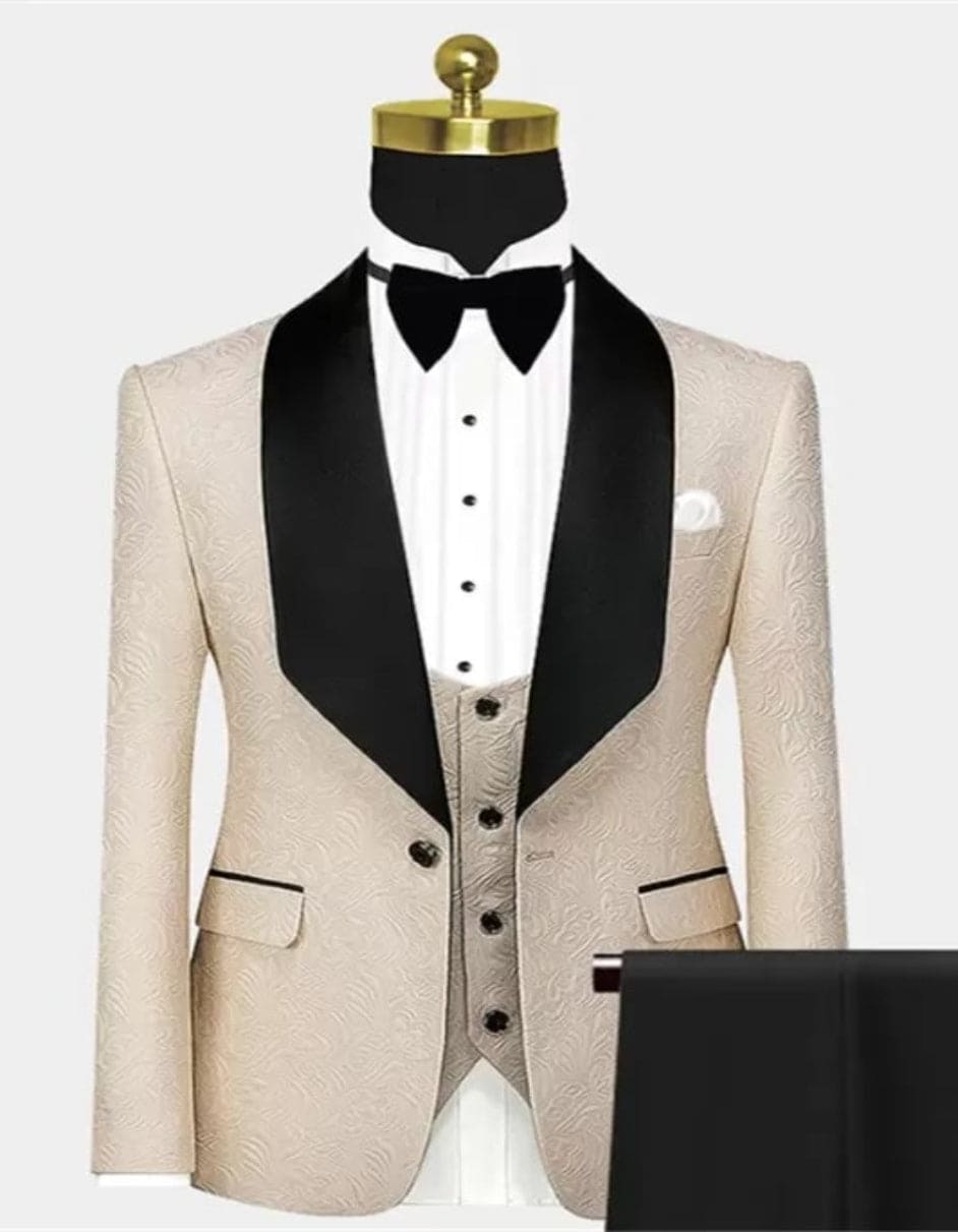 Coat Stylish Light Champagne Prom Suit | Black Large Lapel Jacquard ...