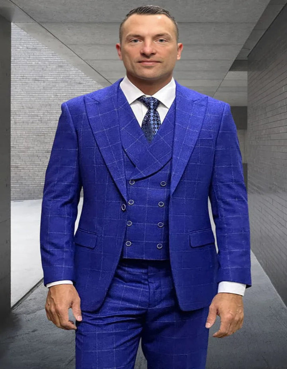 38 Men's Designer Wool Double Breasted Cobalt Blue Windowpane Plaid Suit