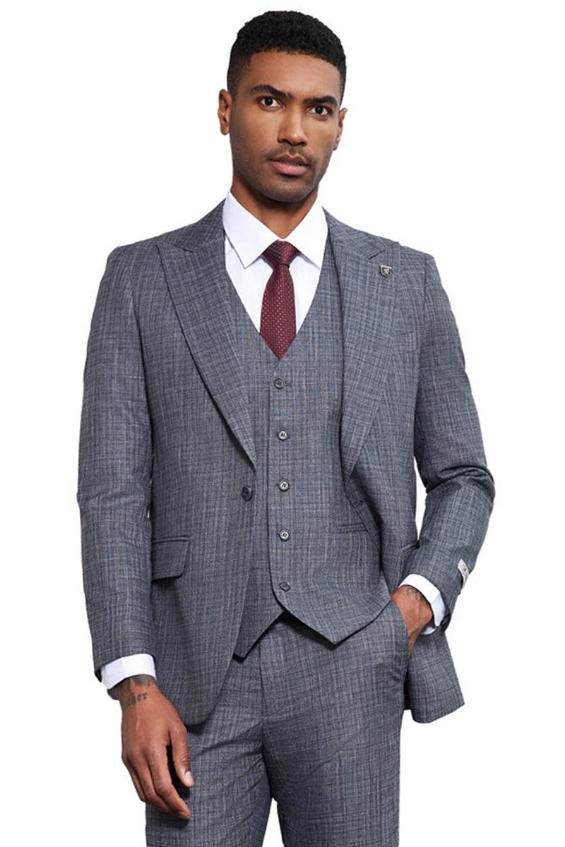 38 Men's Stacy Adams Vested Sharkskin Weave Pattern Suit in Grey