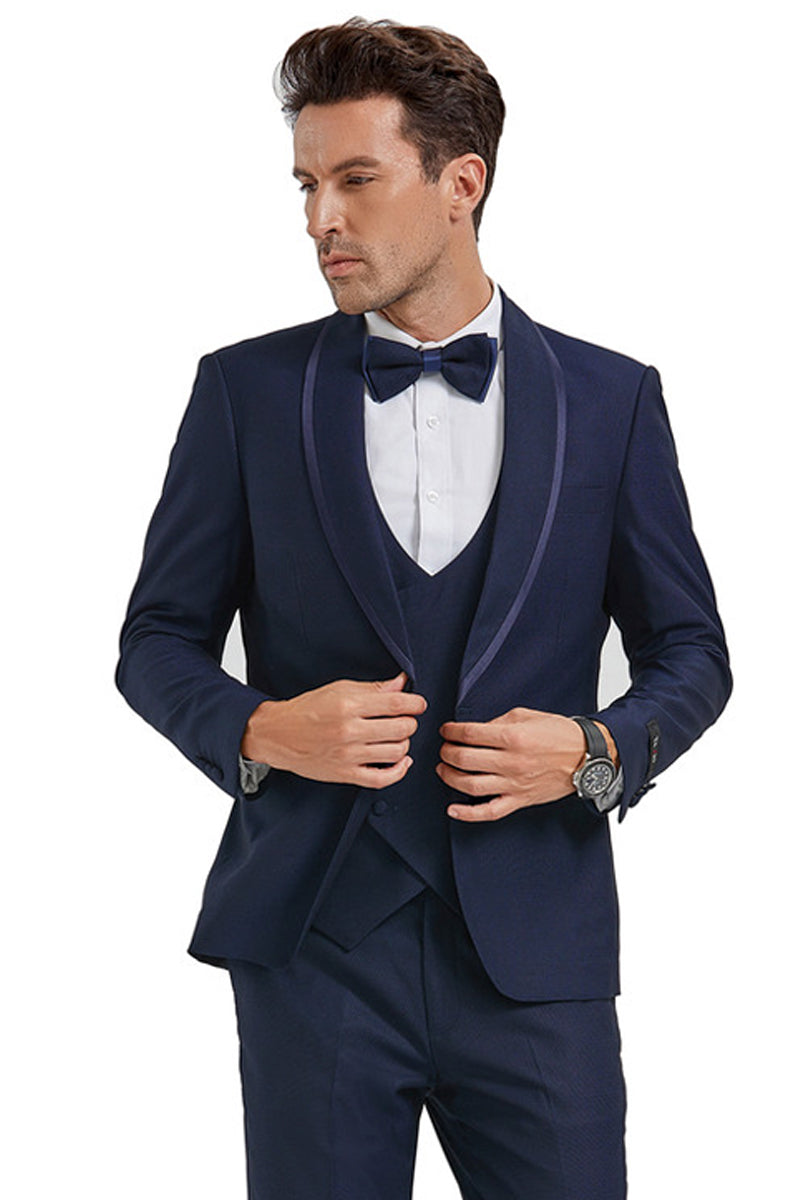 34 "Men's Navy One Button Shawl Tuxedo with Blue Satin Trim"
