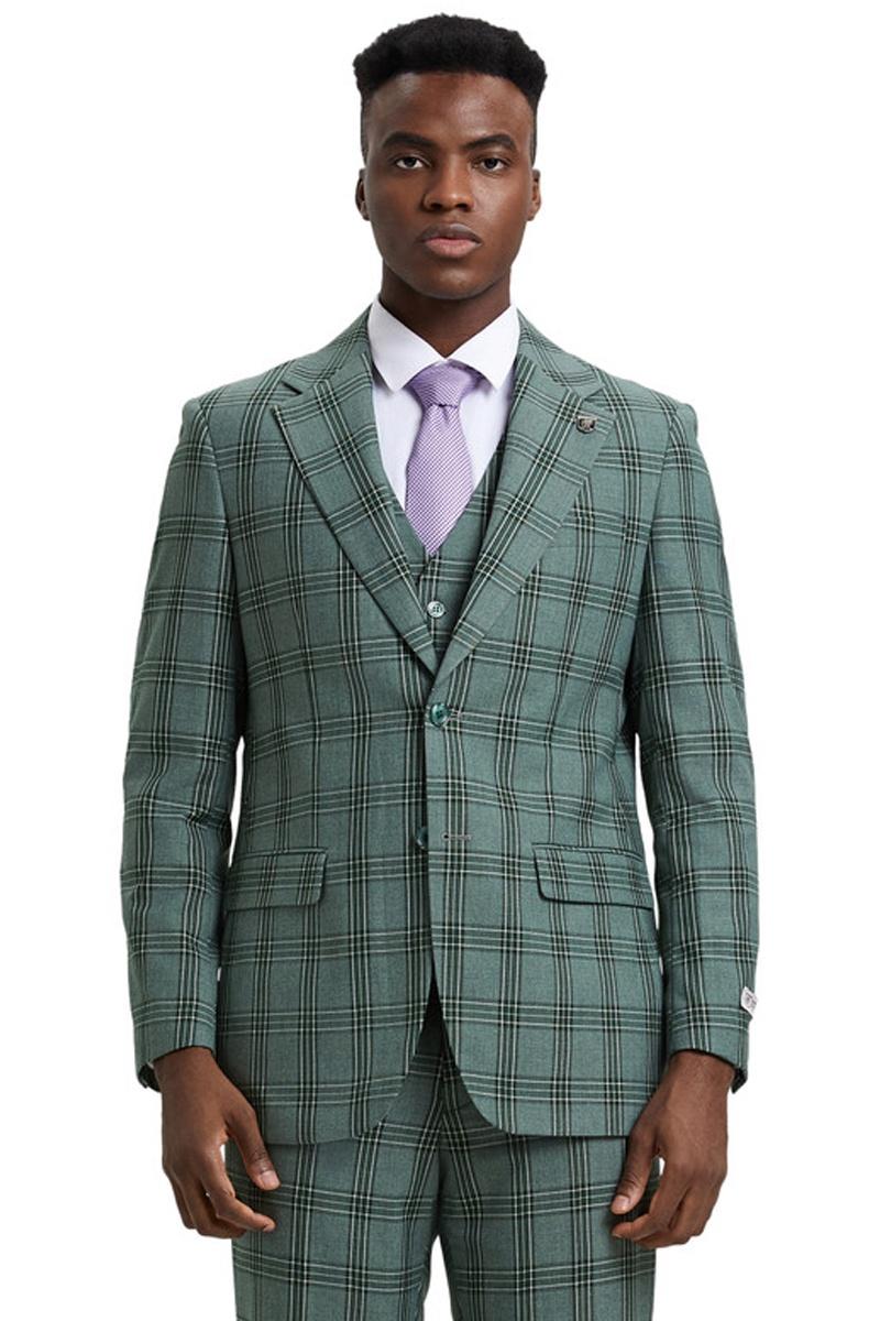 38 Men's Stacy Adams Two Button Vested Glen Plaid Check Suit in Light ...