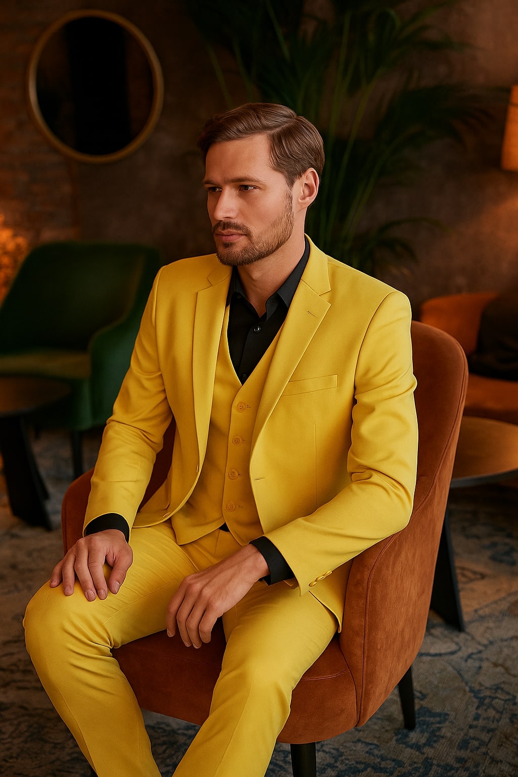 34 Men's Yellow 3-Piece Suit with Black Dress Shirt â€“ Modern Slim Fit ...