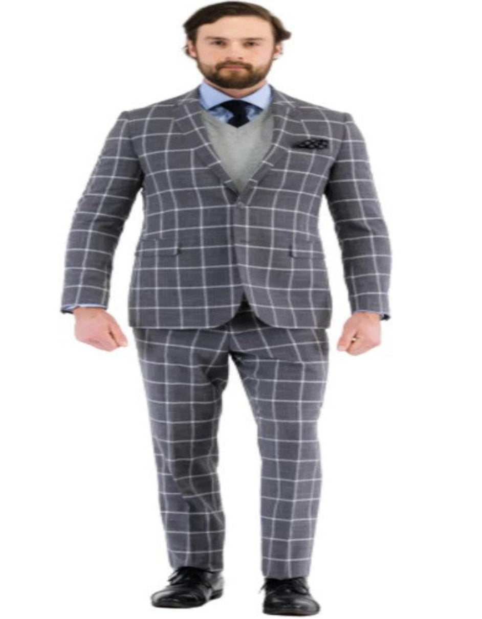 Coat Mens Plaid Suit - Windowpane Pattern With Vest - Business Suit Grey
