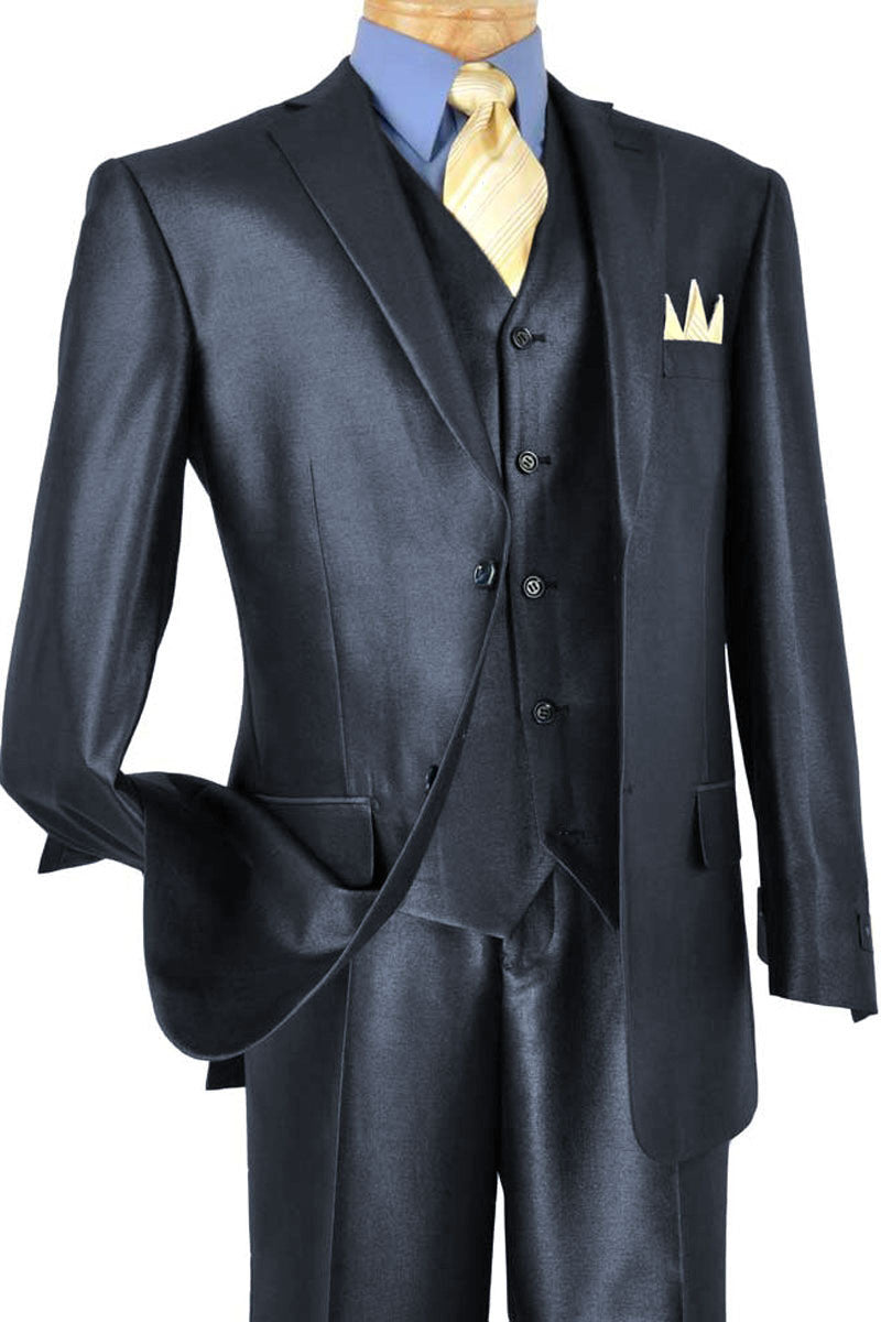 36 Mens Classic Vested Shiny Sharkskin Blue Suit