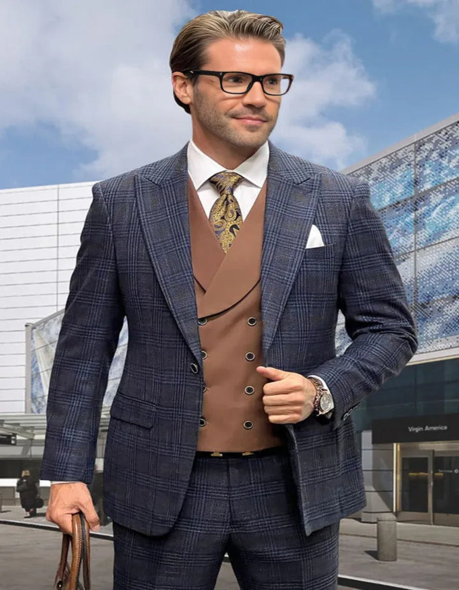 38 Men's Designer Wool Vested Midnight Blue Glen Plaid Suit