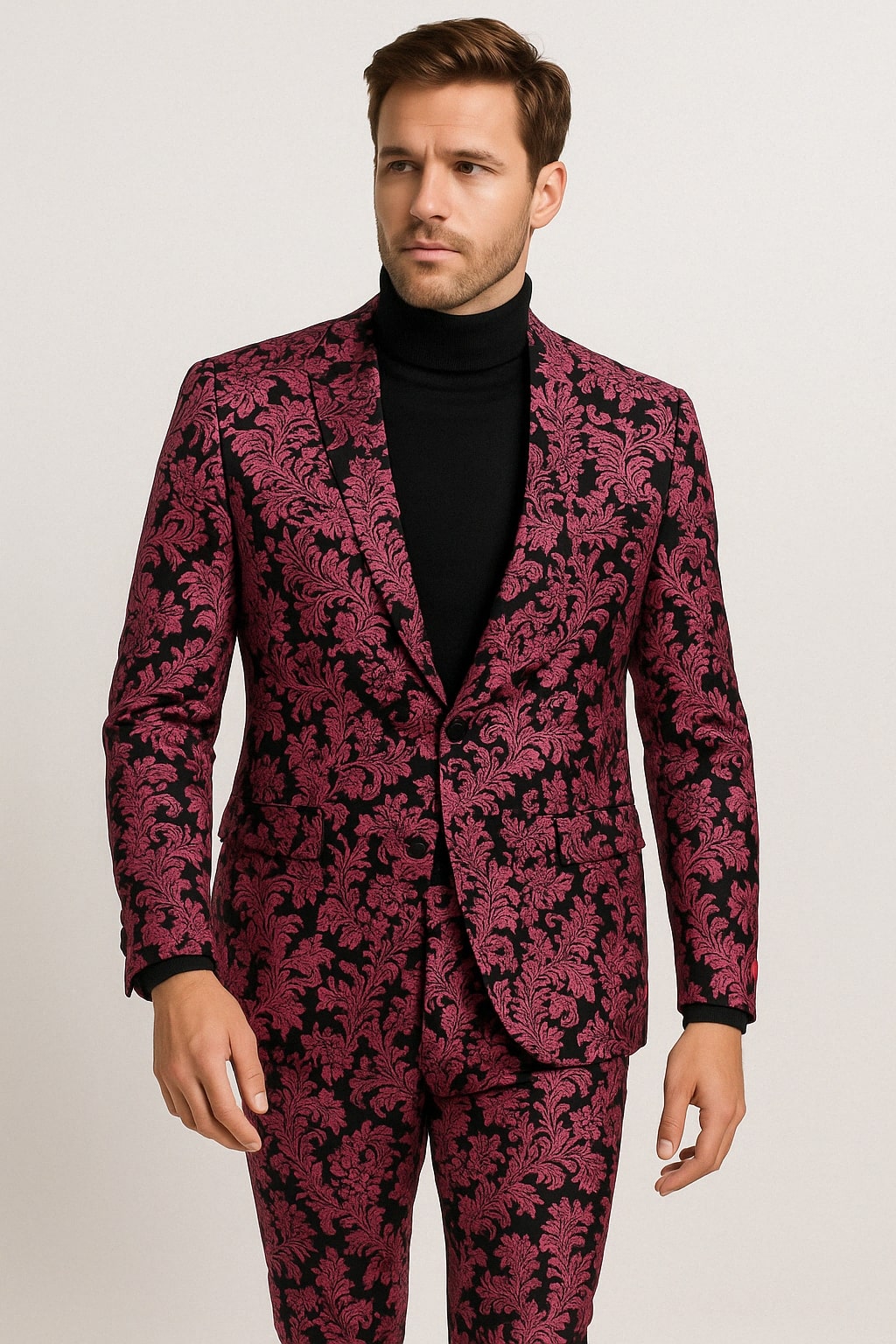 34 Mens Pink and Black Floral Tuxedo Suit – Slim Fit Two Piece Set