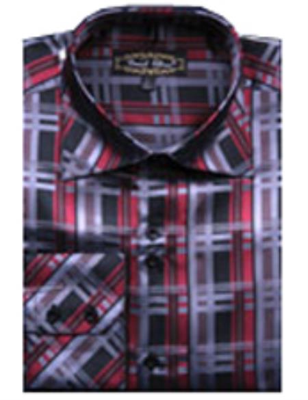 M Men's Fancy Shirts Red/Black(100% Polyester) Flashy Shiny Satin Silky ...