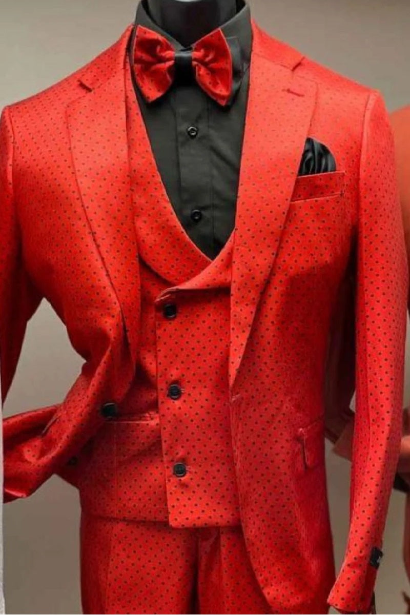 Coat Red and Black Polka Dot Suit - Vested Suit - Red Prom 2025 Suit