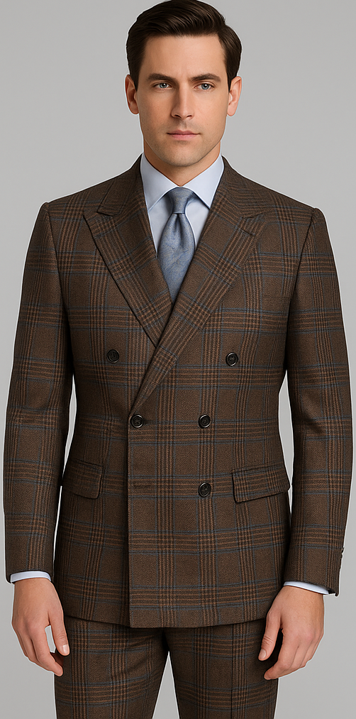 34R Rossiman Brown Vintage Glen Plaid Suit with Windowpane Pattern