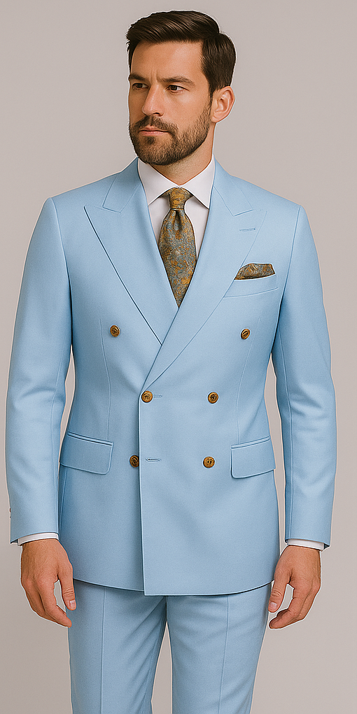 36 Rossiman Men’s Light Blue Slim Fit Suit – Elegant Double-Breasted Design