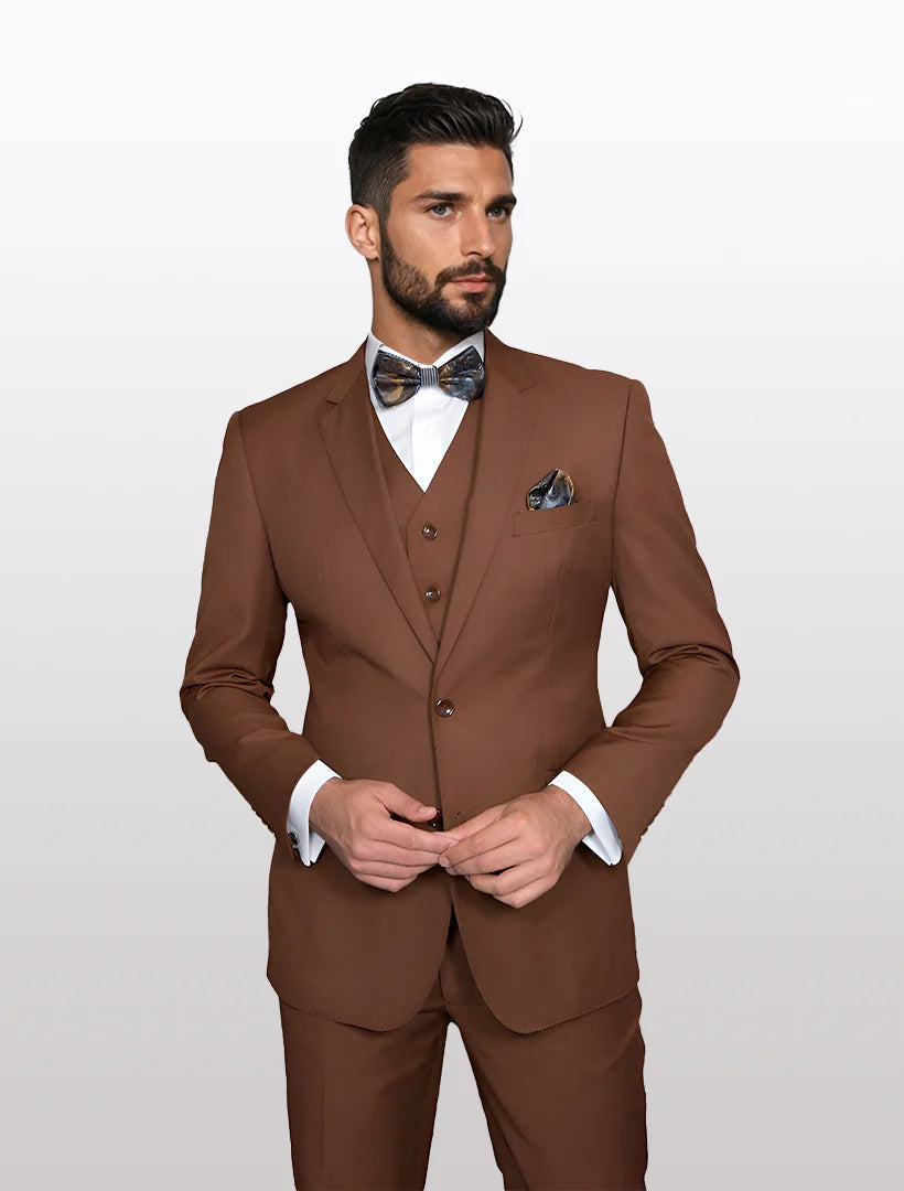34 Statement Men's Solid Copper Modern Fit 100% Wool Vested Suits