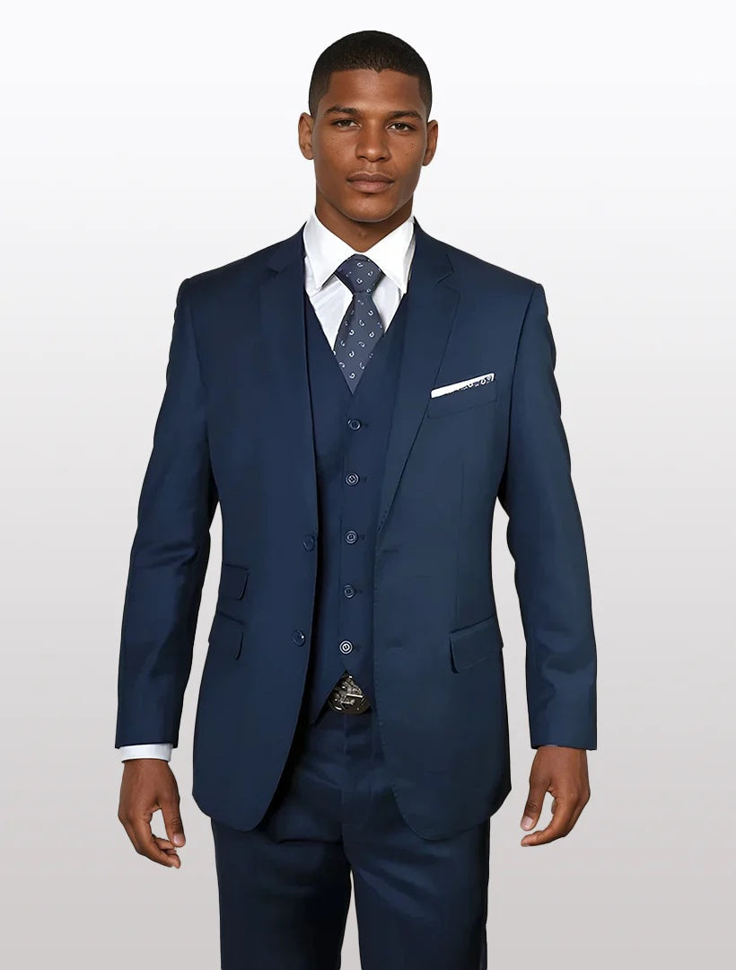 34 Statement Men's Solid Sapphire Tailored Fit 100% Wool Vested Suits