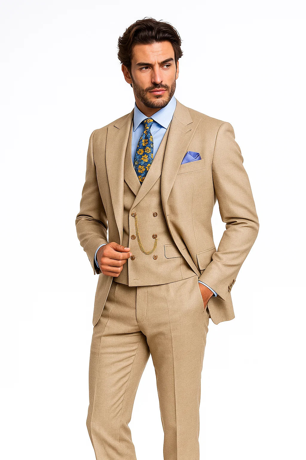 38 Taupe Modern Fit 3-Piece Suit with Lapel Vest & Adjustable Pants