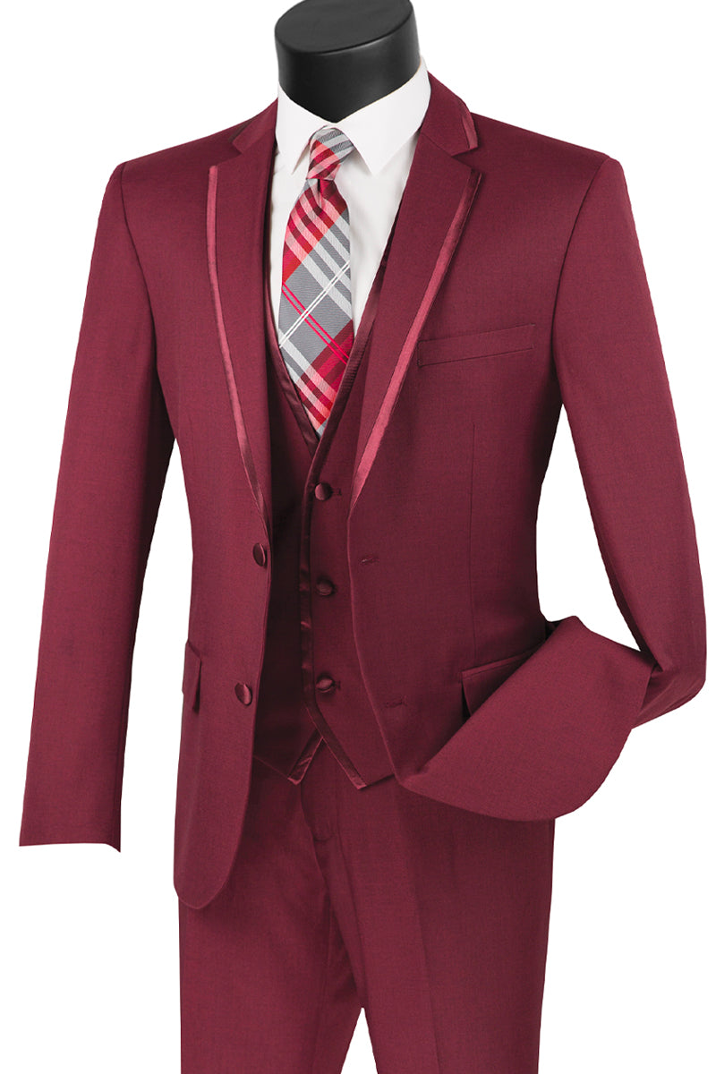 36 Mens Slim Vested Tuxedo Suit with Satin Trim in Burgundy