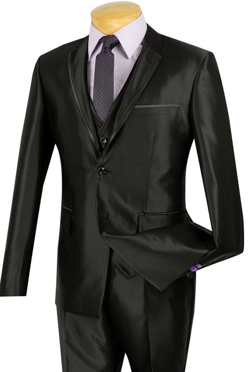 36 Mens Ultra Slim Fit Vested Shiny Sharkskin Suit with Trim in Black