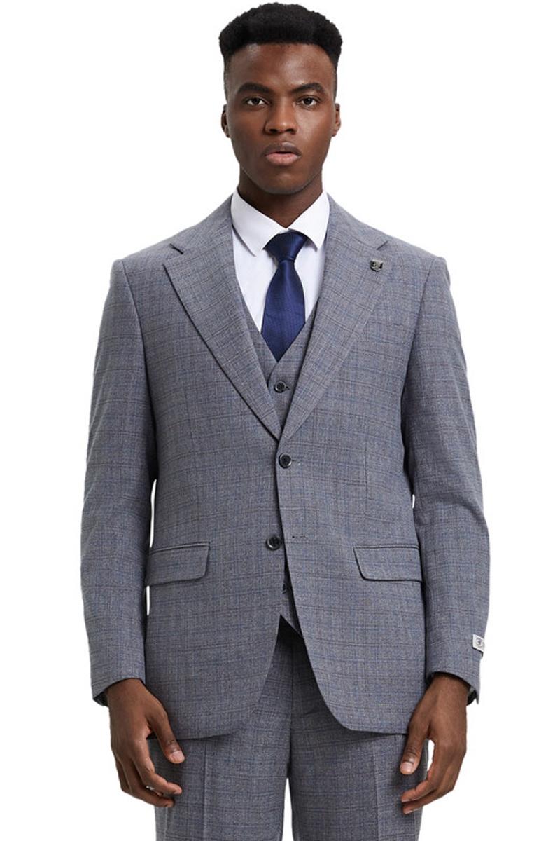 38 Men's Stacy Adams Modern Fit Vested Suit in Light Grey Micro Check Plaid
