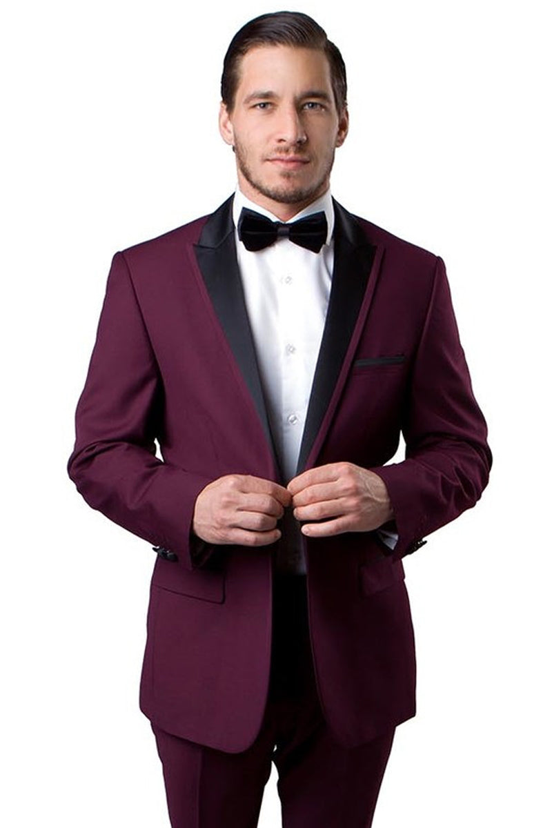 34 "Burgundy Men's Slim Fit Tuxedo with Satin Trim for Prom 2025 & Wedding"