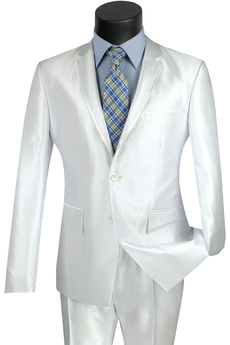 36 Mens Slim Fit Shiny Sharkskin Suit with Trim in White