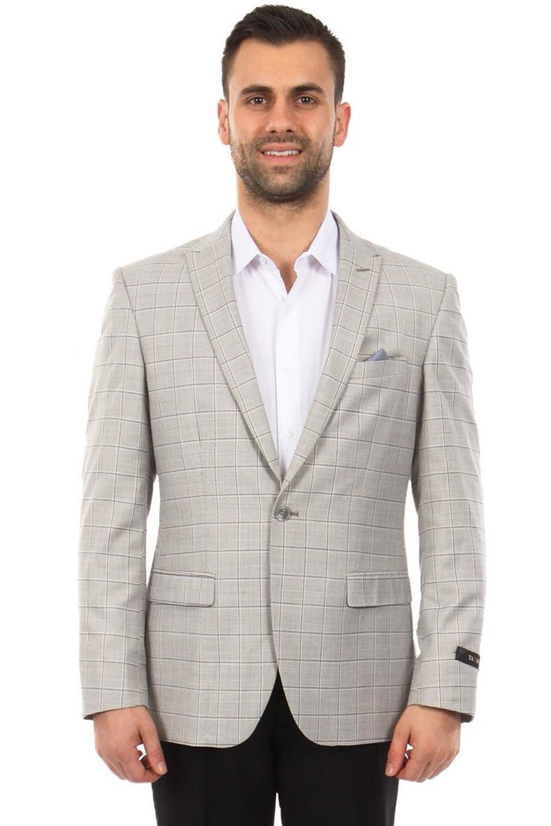 34 "Windowpane Plaid Sport Coat for Men - Light Grey Two Button"