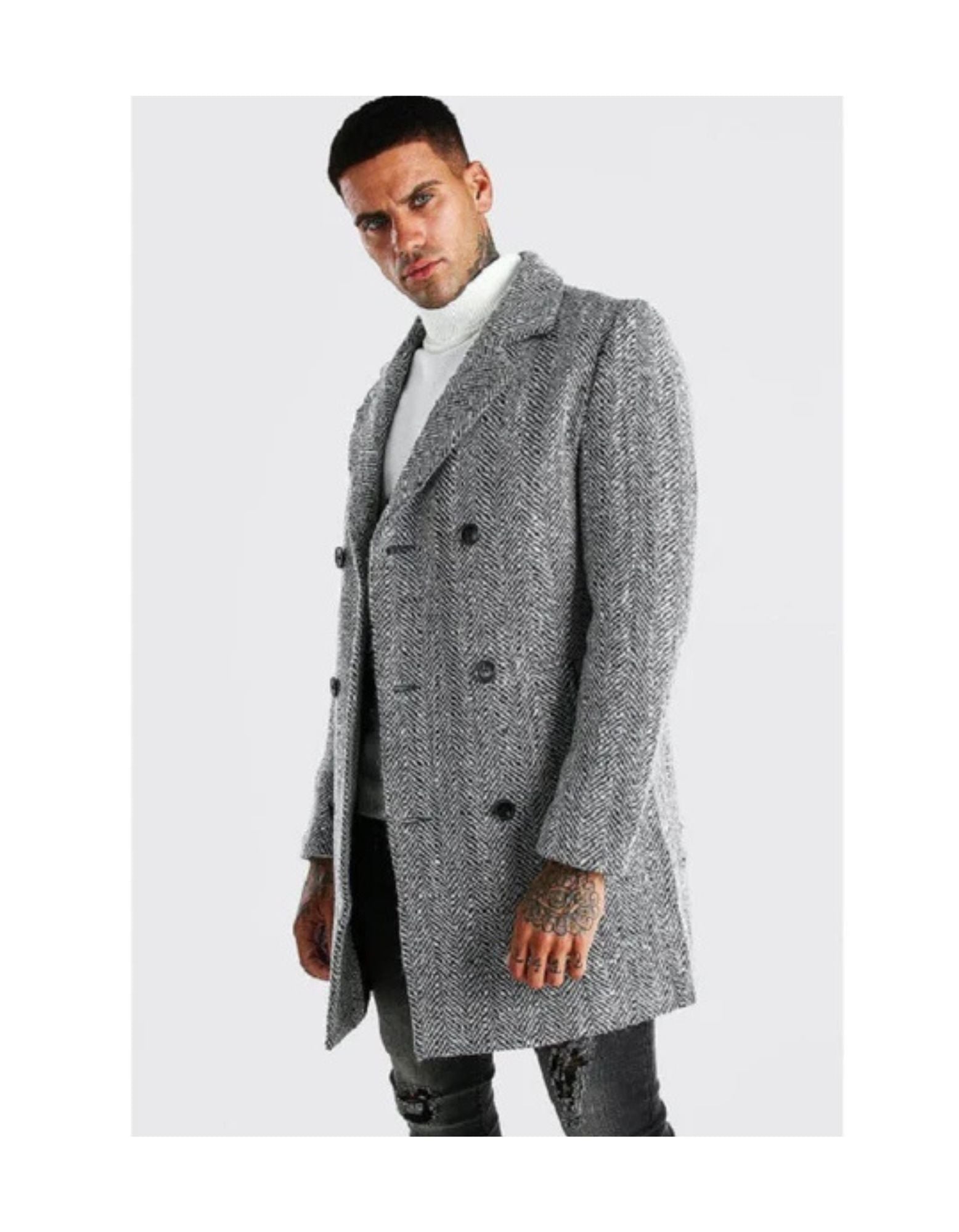Coat Herringbone Three Quarter Overcoat - Tweed Fabric darkgray - Wool Coat