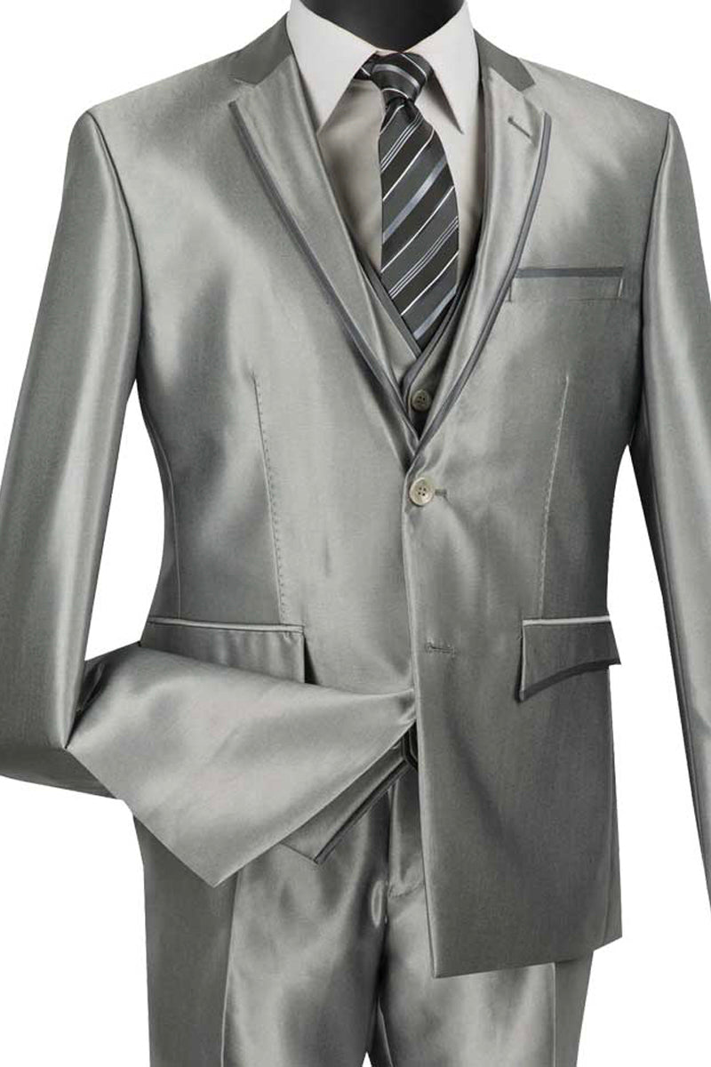 36 Mens Ultra Slim Fit Vested Shiny Sharkskin Suit with Trim in Grey