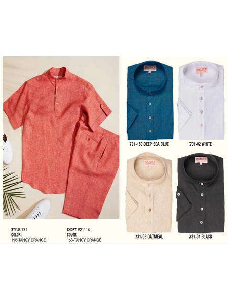 S Men's Linen Yarn-Dye Banded Collar Pop Over Shirts