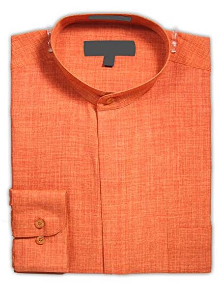 Large Rust Solid Pattern Banded Collar - Mandarin Collar Shirt
