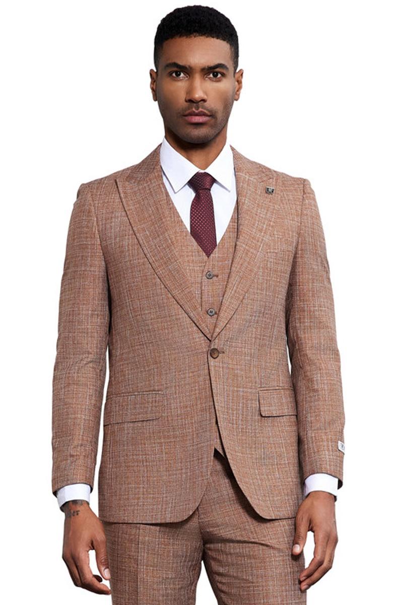 38 Men's Stacy Adams Vested Sharkskin Weave Pattern Suit in Light Rust