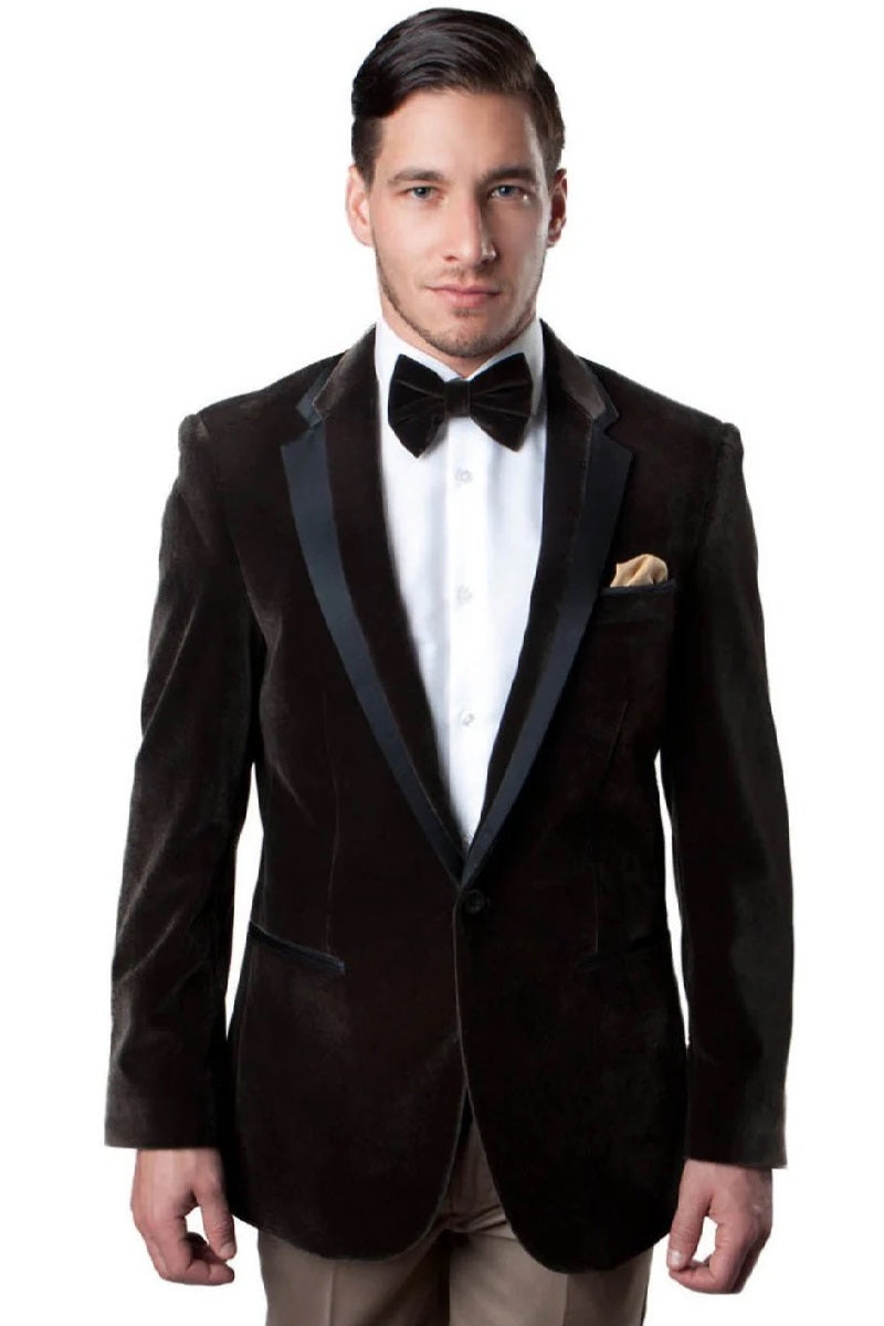 42 "Velvet Tuxedo Blazer for Men - One Button, Brown with Black Satin Trim"