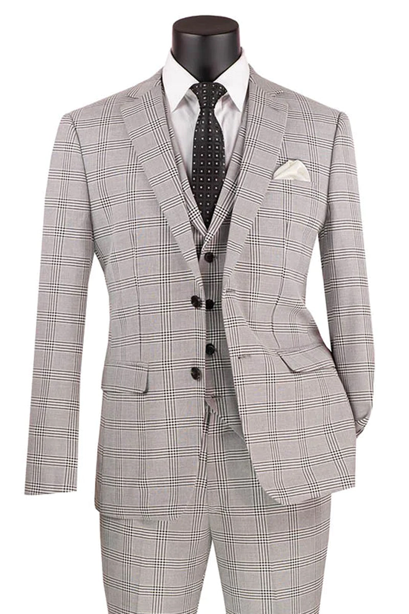 36 Glen Plaid Men's Slim Fit Vested Summer Business Suit - Light Grey