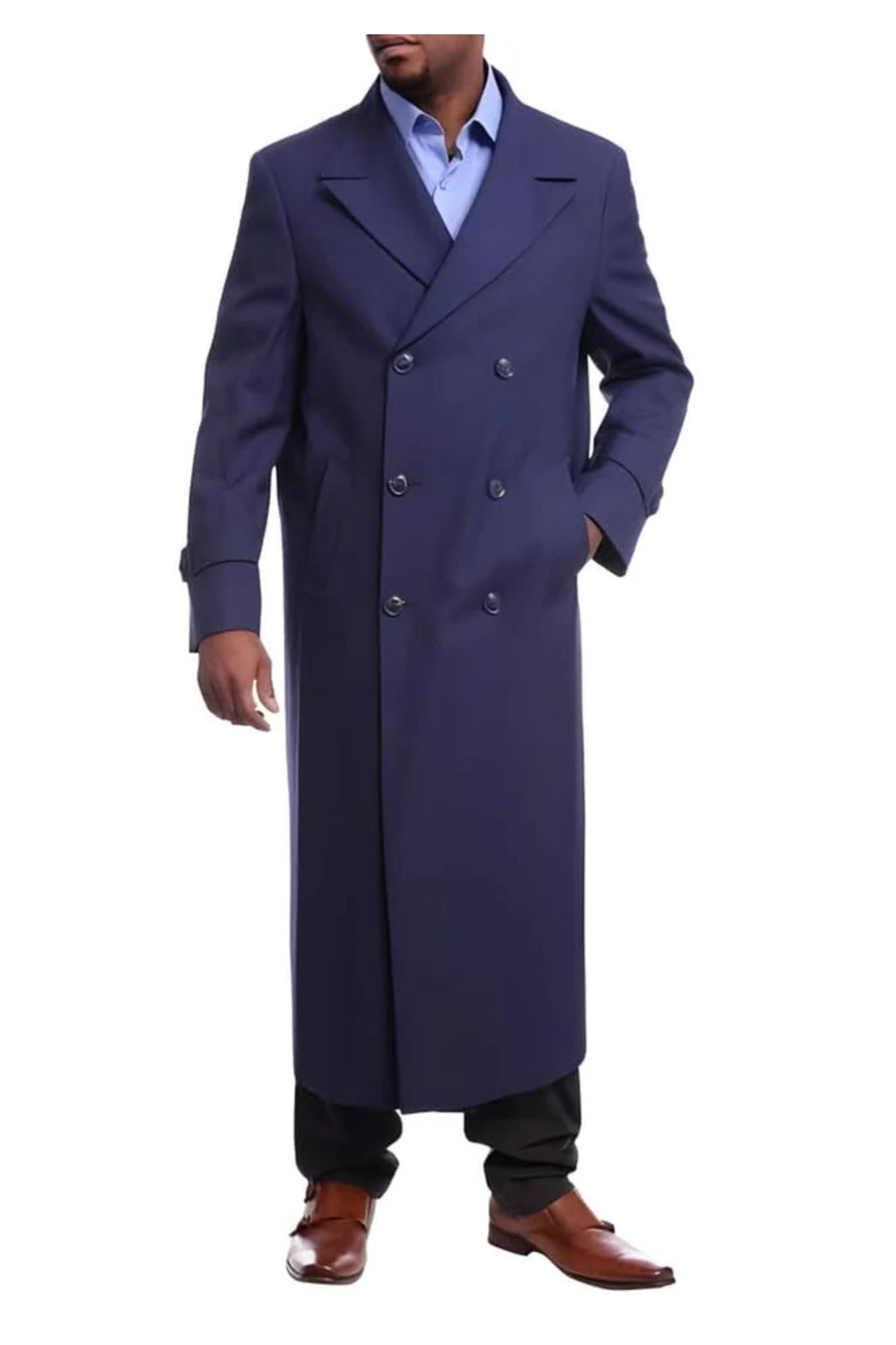 Coat Mens Full Length Overcoat Navy Blue Wool Double Breasted Trench Coat