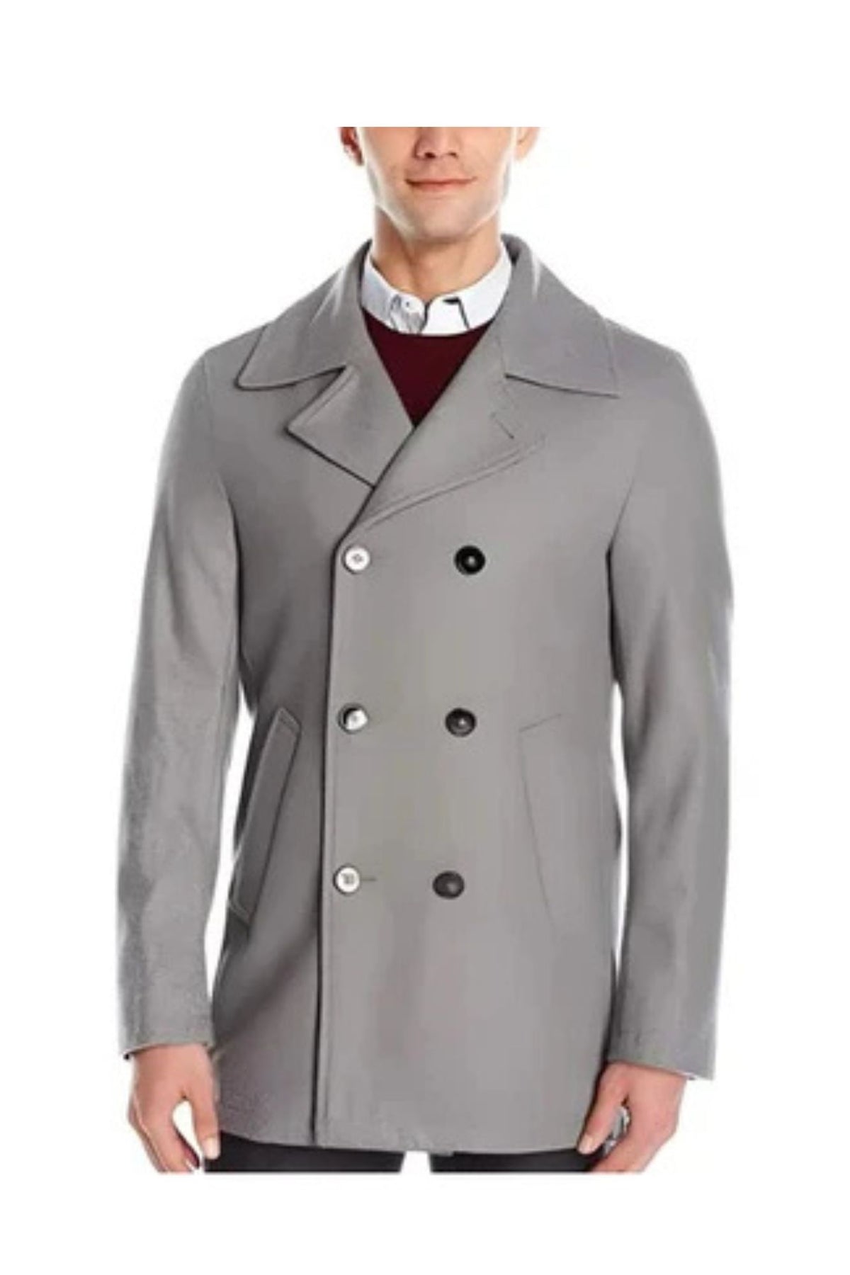 Coat Men's Light Grey Double Breasted Wool Short Peacoat