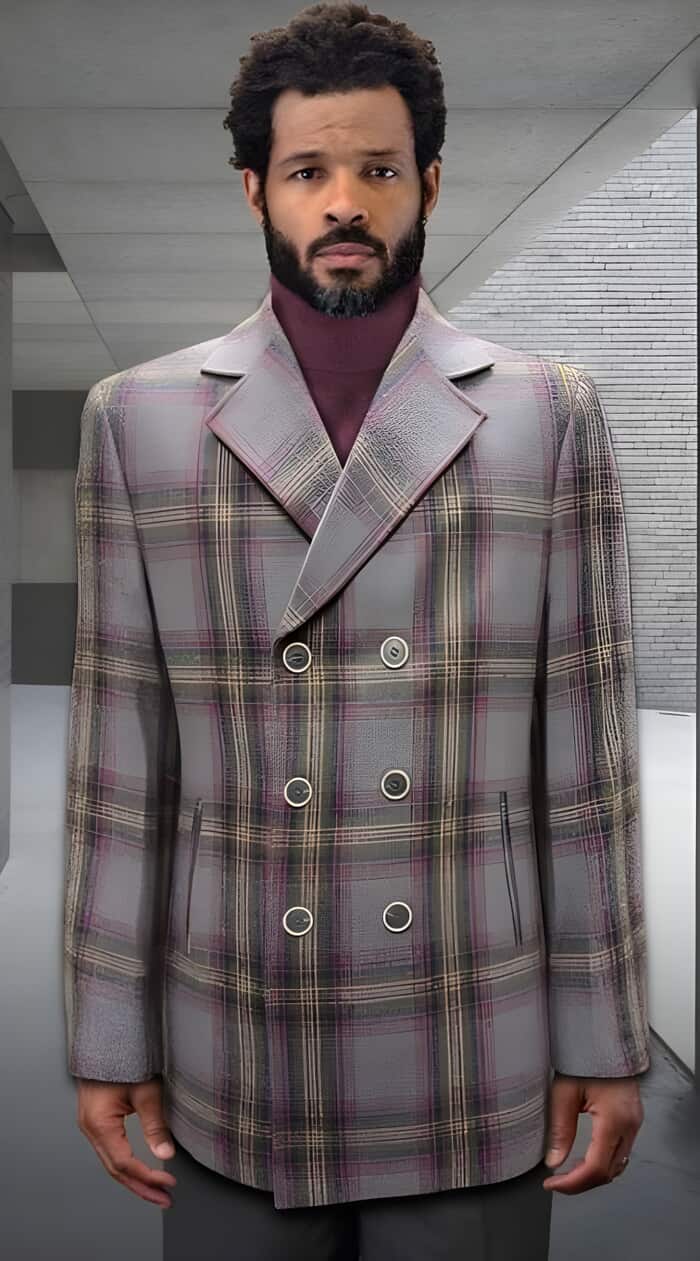Mens Plaid Overcoat - Checkered Carcoat - Wool Three Quartered Grey Peacoat