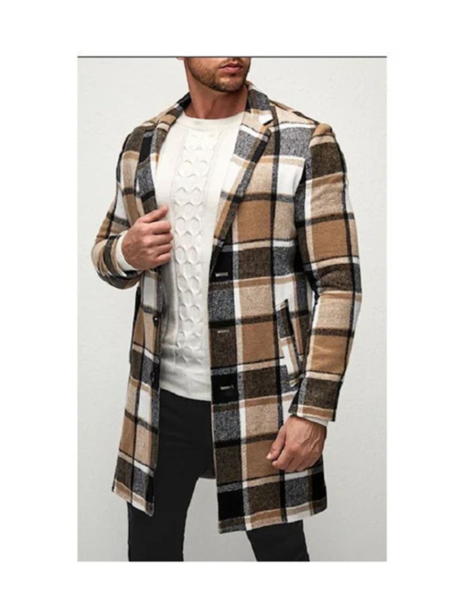 Coat Mens Plaid Overcoat - Camel Wool Peacoat