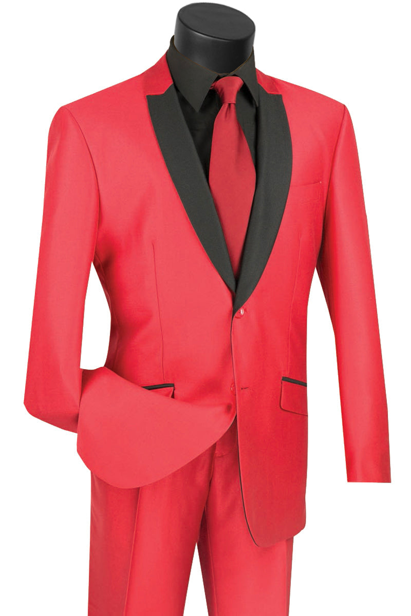 36 Mens 2 Buttton Slim Contrast Peak Lapel Tuxedo in Red