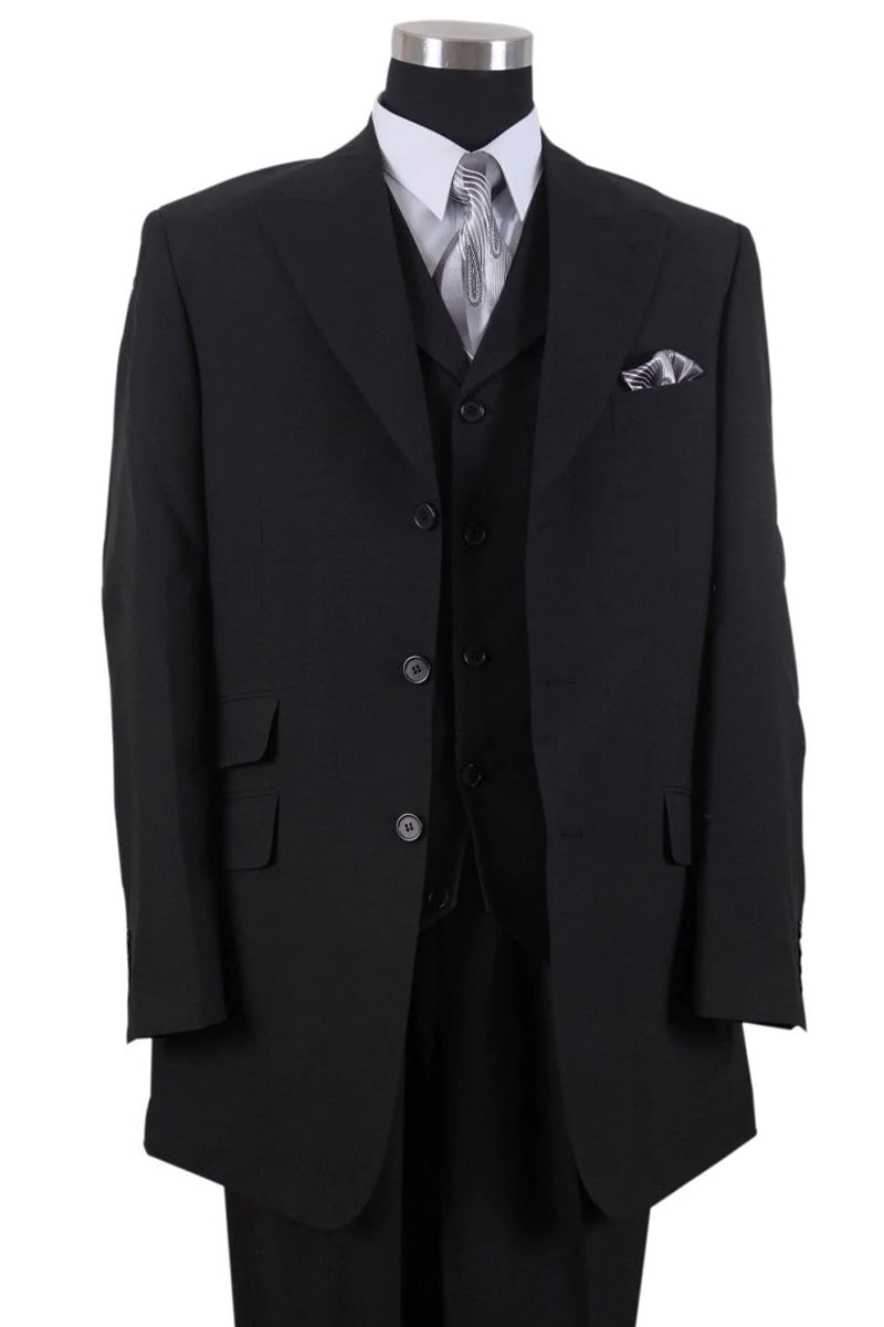 36 "Black Men's Fashion Suit - 3 Button Vested Wide Peak Lapel"