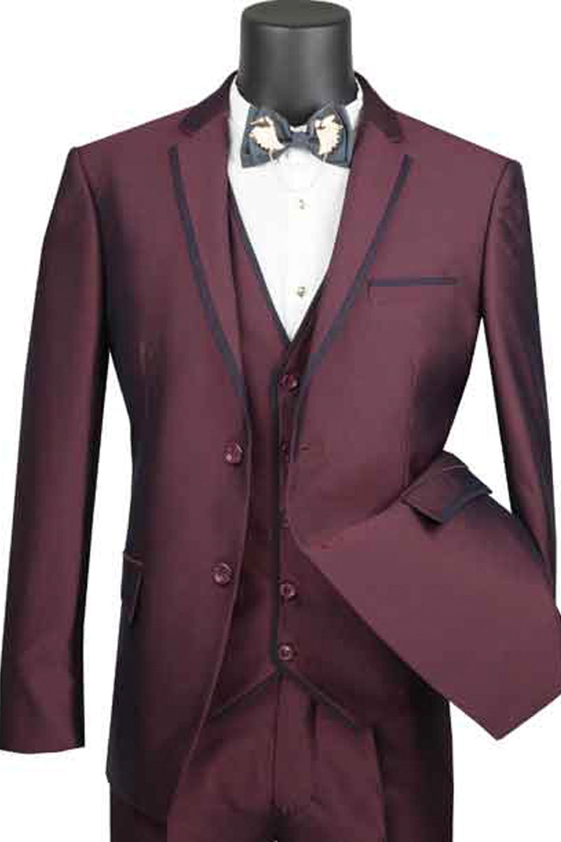 36 Mens Ultra Slim Fit Vested Suit with Trim in Burgundy