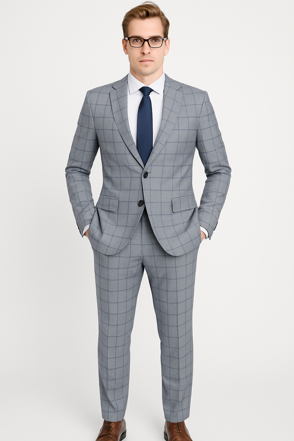 56L Gray Groomsmen Suits Mens Slim Fit Window Pane Suit Grey
