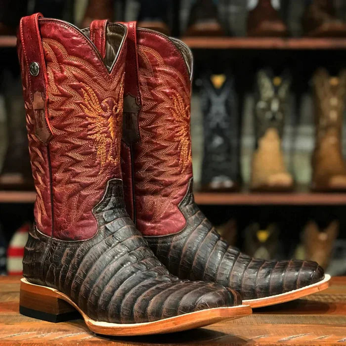 6.5 Men's The Bandit Print Caiman Tail Square Toe Boots Chocolate
