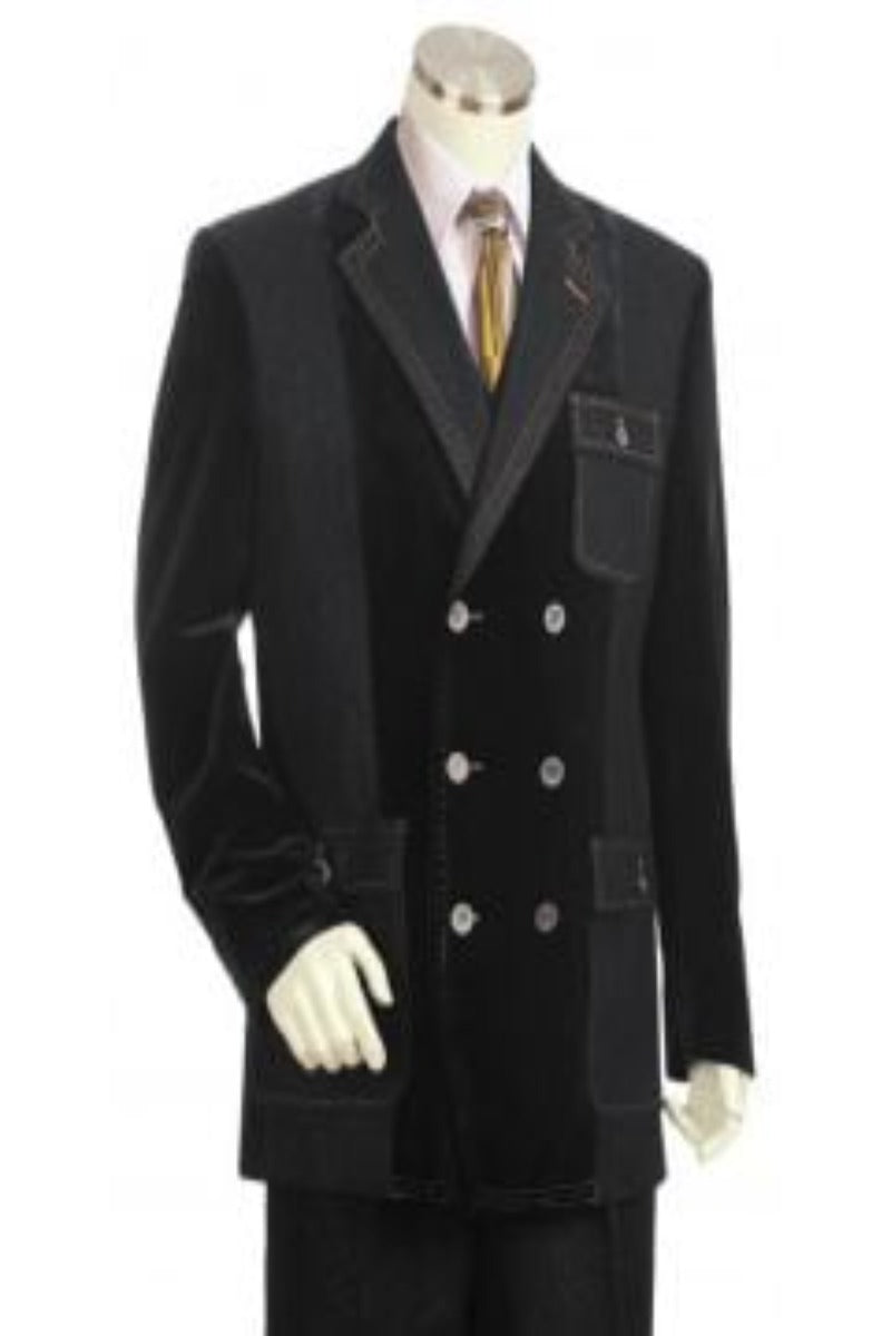 38 Canto Men's 3-Piece Double Breasted Denim Suit with Velvet Trim