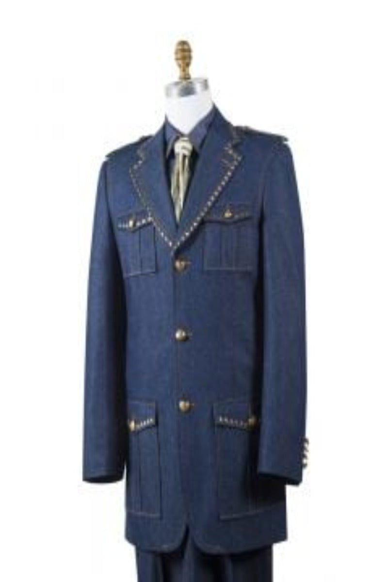 38 Canto Men's 2 Piece Cotton Denim Fashion Suit with Gold Buttons