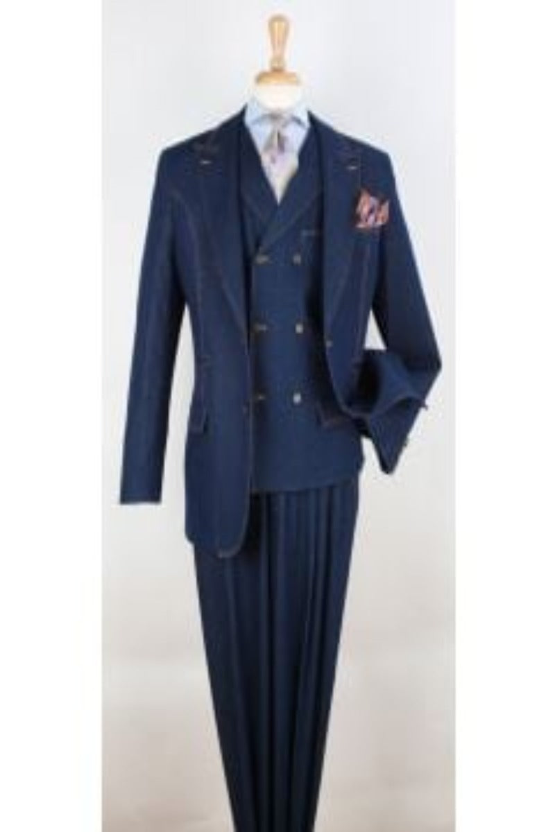 38 Royal Diamond Men's 3pc Denim Suit 6 Button Vest Stylish & Fashionable