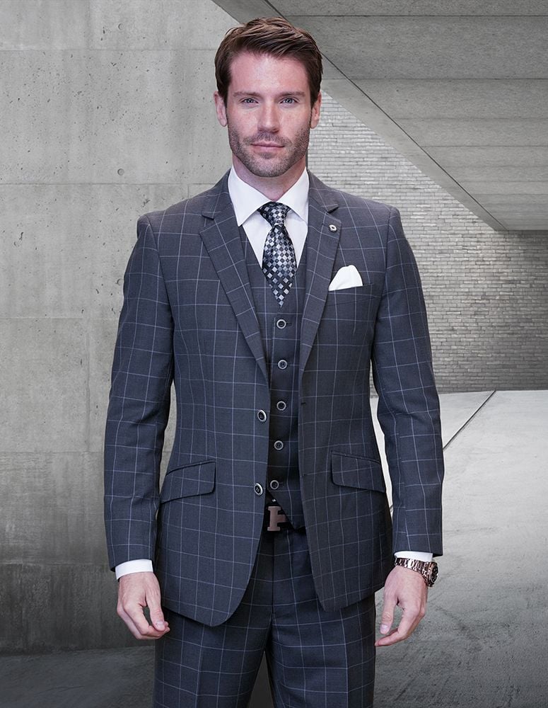 38 Check Men's 100% Wool Cashmere Suit - Sleek Windowpane Check, 3 ...